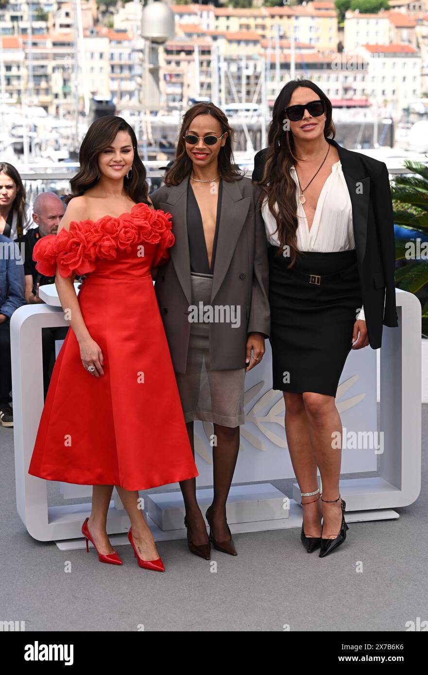 Selena Gomez, Zoe Saldana and Karla Sofia Gascon at the photo call for the film Emilia Perez ...
