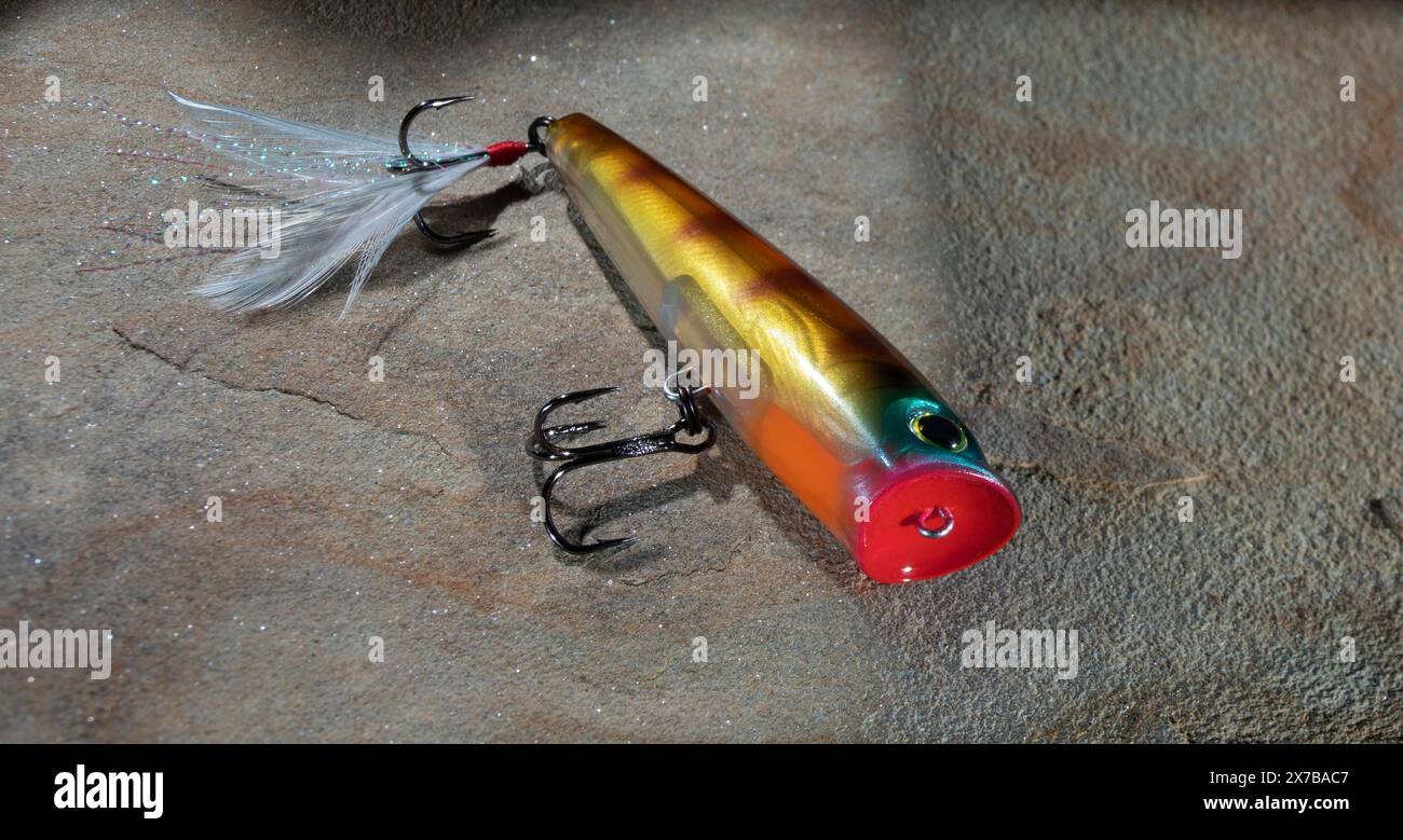 Fake fishing lure designed for topwater action on a rock Stock Photo ...