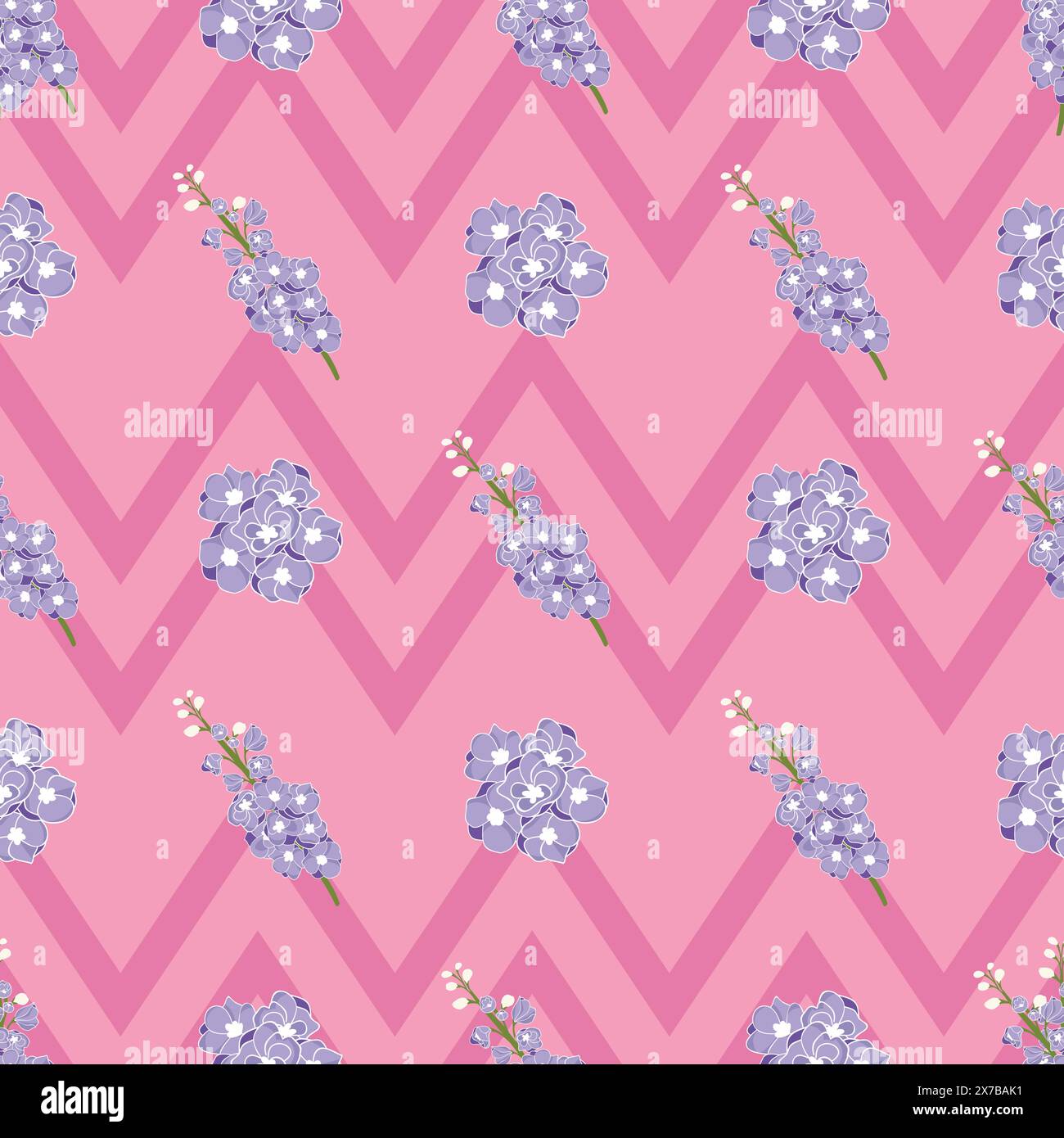 Delphinium flowers seamless vector pattern on pink zigzag stripes ...