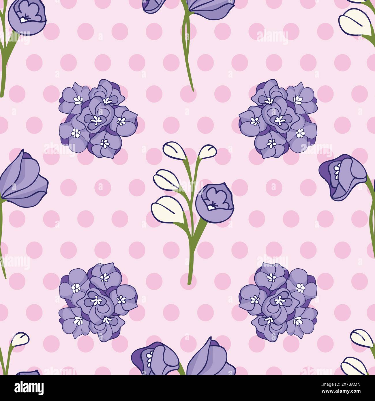Delphinium flowers vector seamless pattern on pink polka dots ...