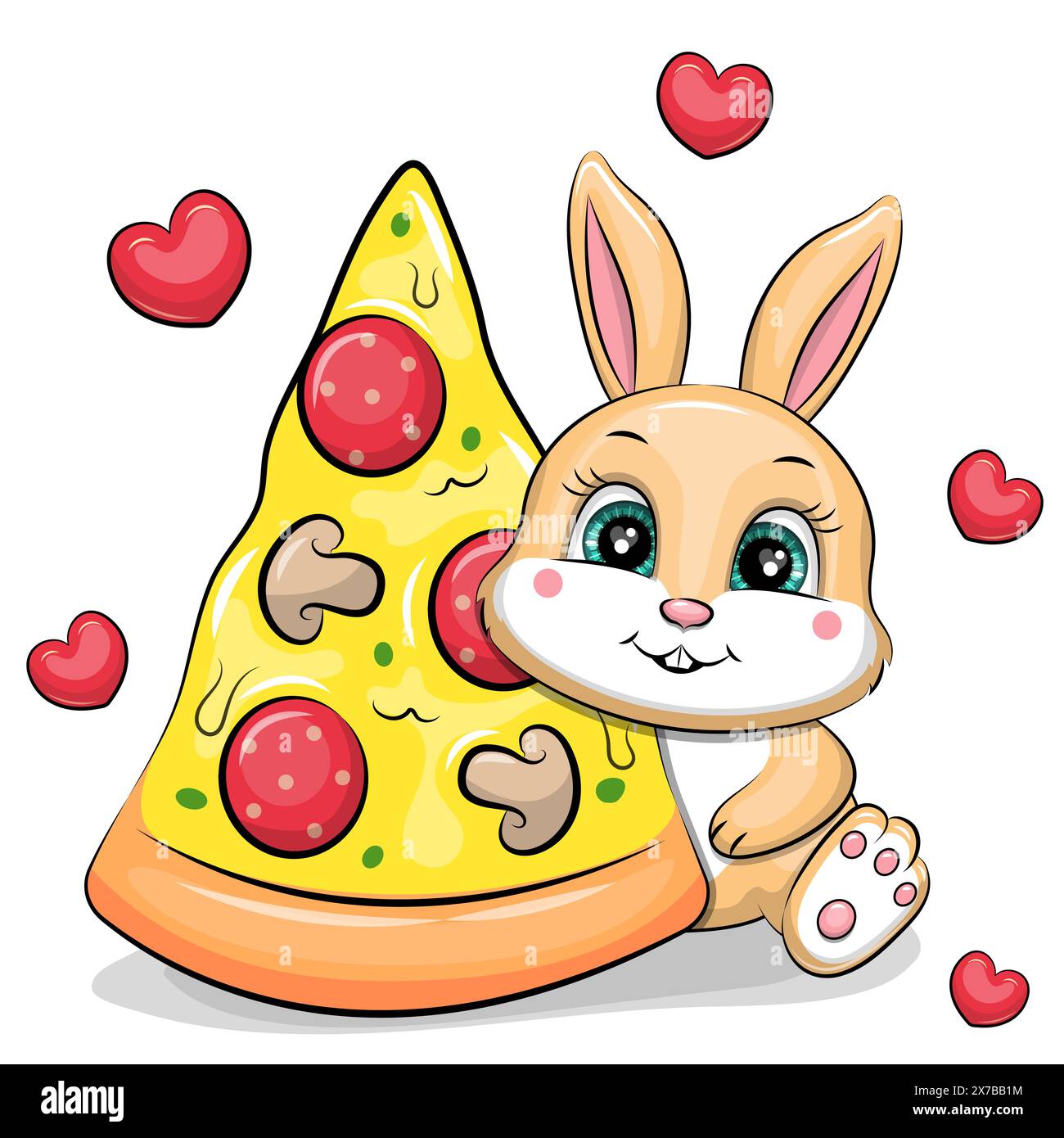 Cute cartoon bunny with a big piece of pizza. Vector illustration of ...