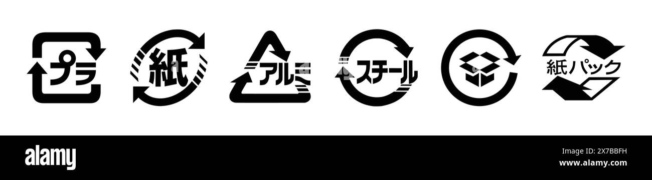 Japanese Recycling Icon Set- Plastic, Paper, Aluminium, Steel, Cardboard and Carton. Japanese ...
