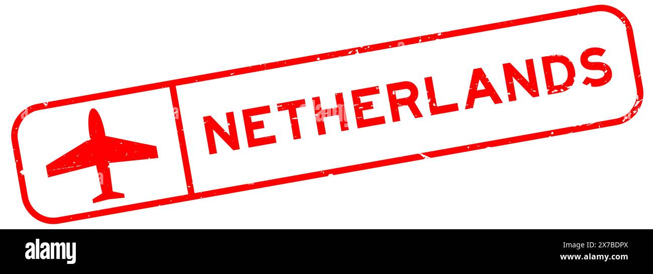 Grunge red netherlands word with plane icon square rubber seal stamp on ...