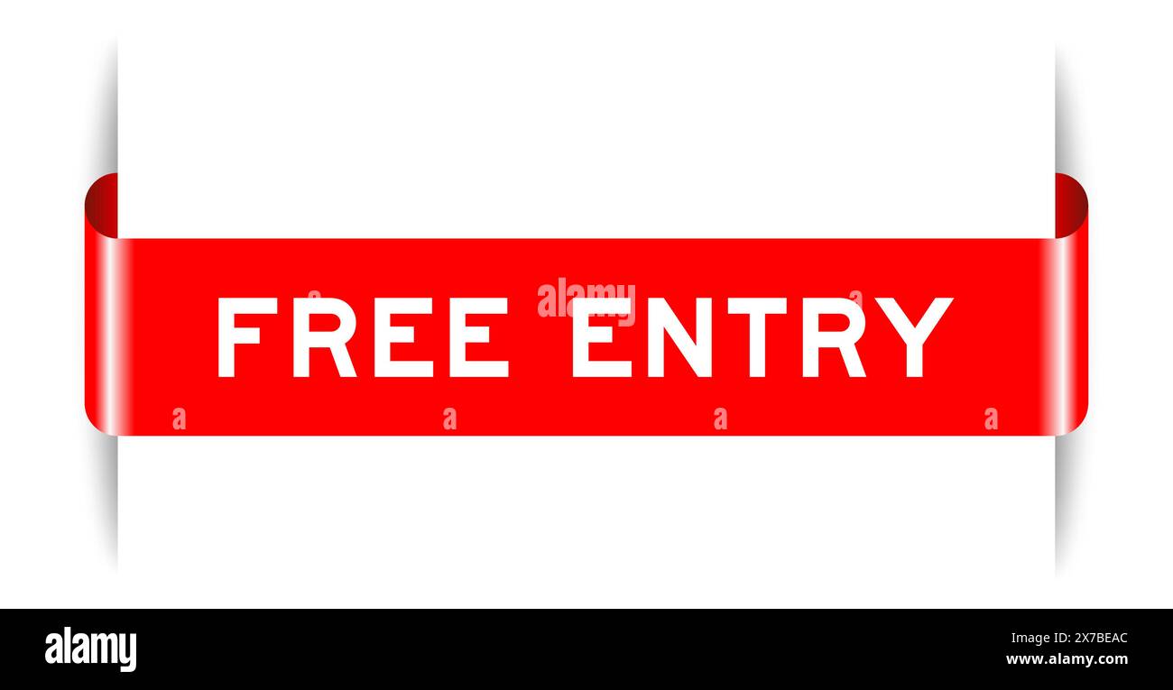 Red color inserted label banner with word free entry on white ...