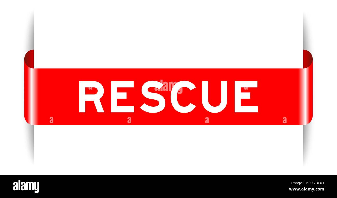 Red color inserted label banner with word rescue on white background ...