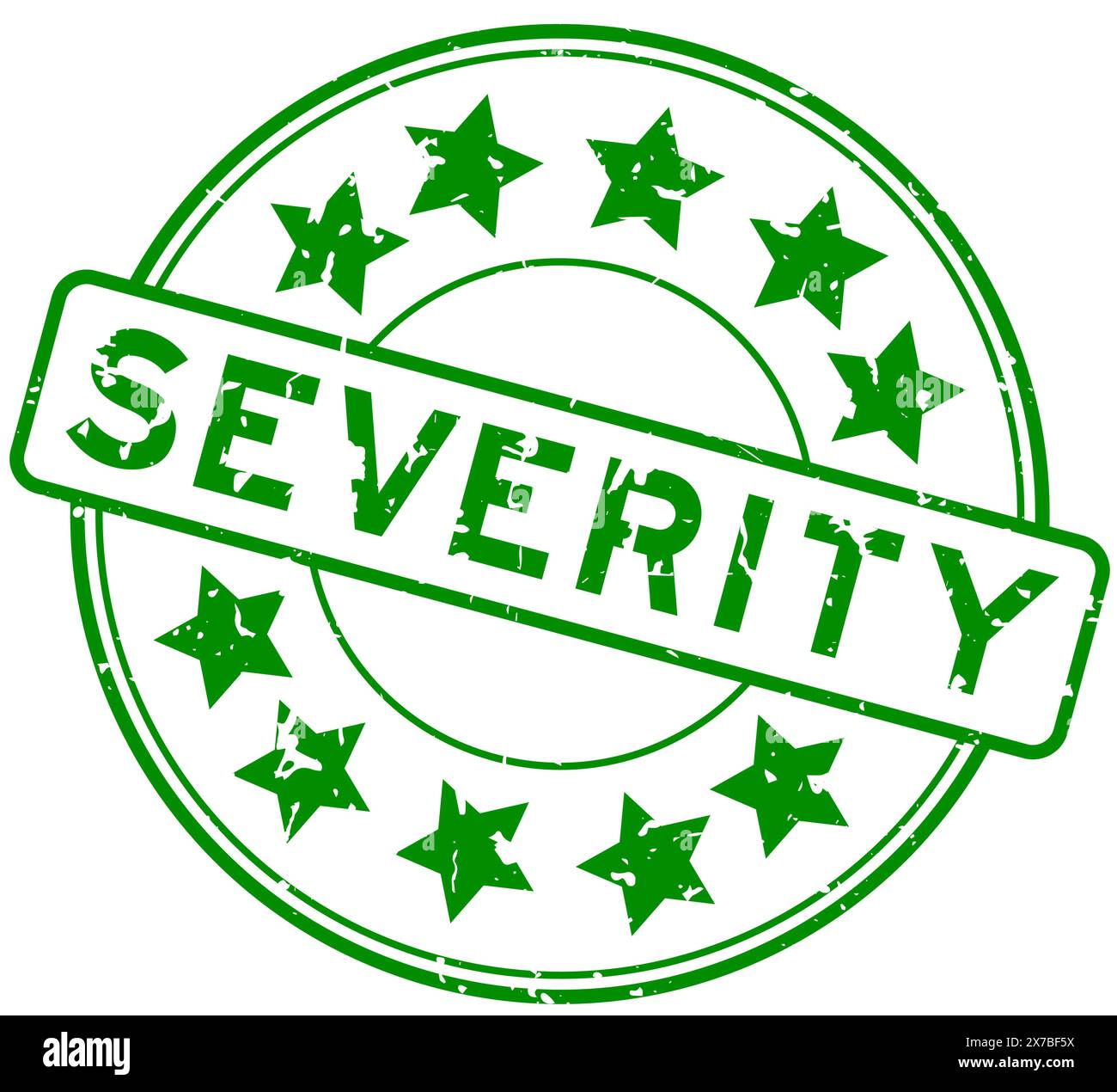 Grunge green severity word with star icon round rubber seal stamp on ...