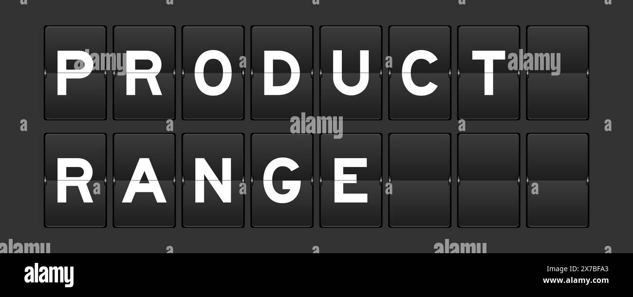 Black color analog flip board with word product range on gray ...