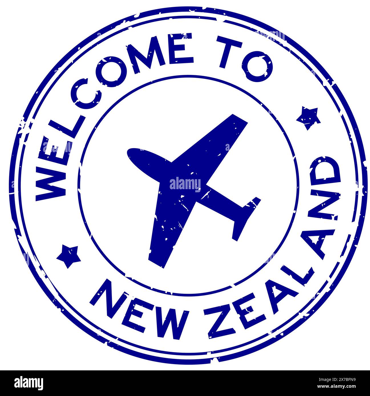 Grunge blue welcome to new zealand with airplane icon round rubber seal ...