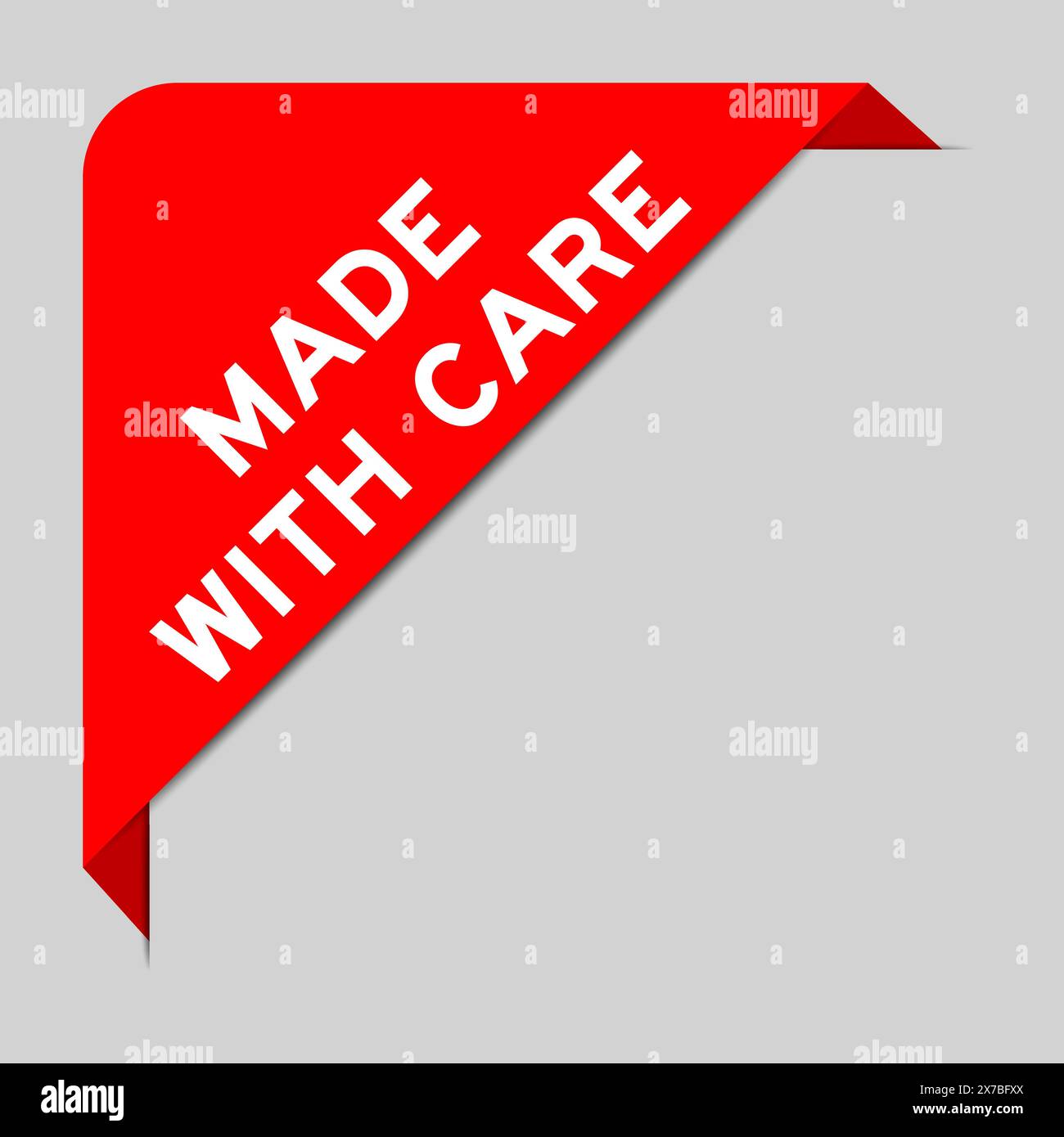 Red color of corner label banner with word made with care on gray ...