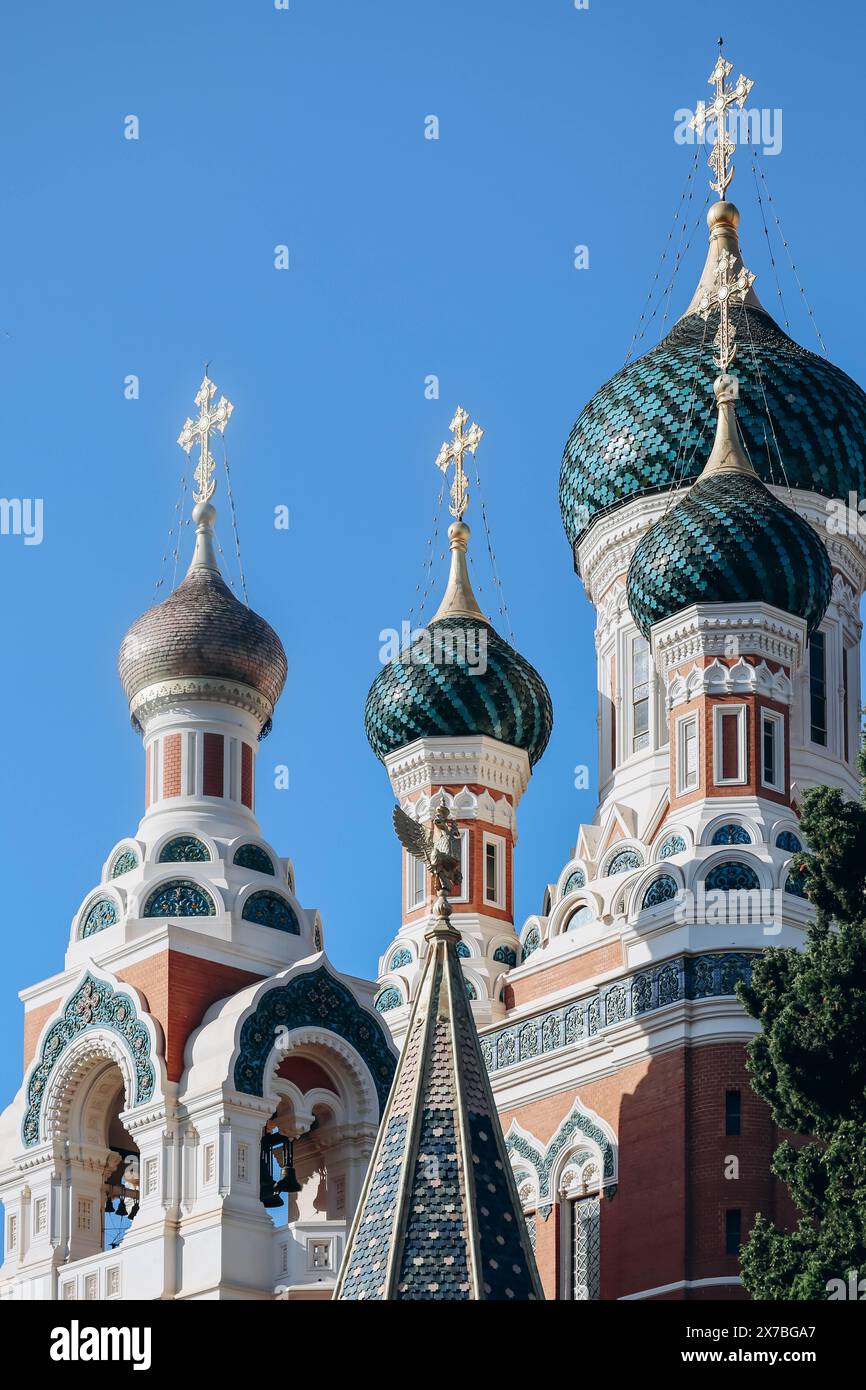 Close-up of the facade and domes of the Russian Orthodox Cathedral in ...