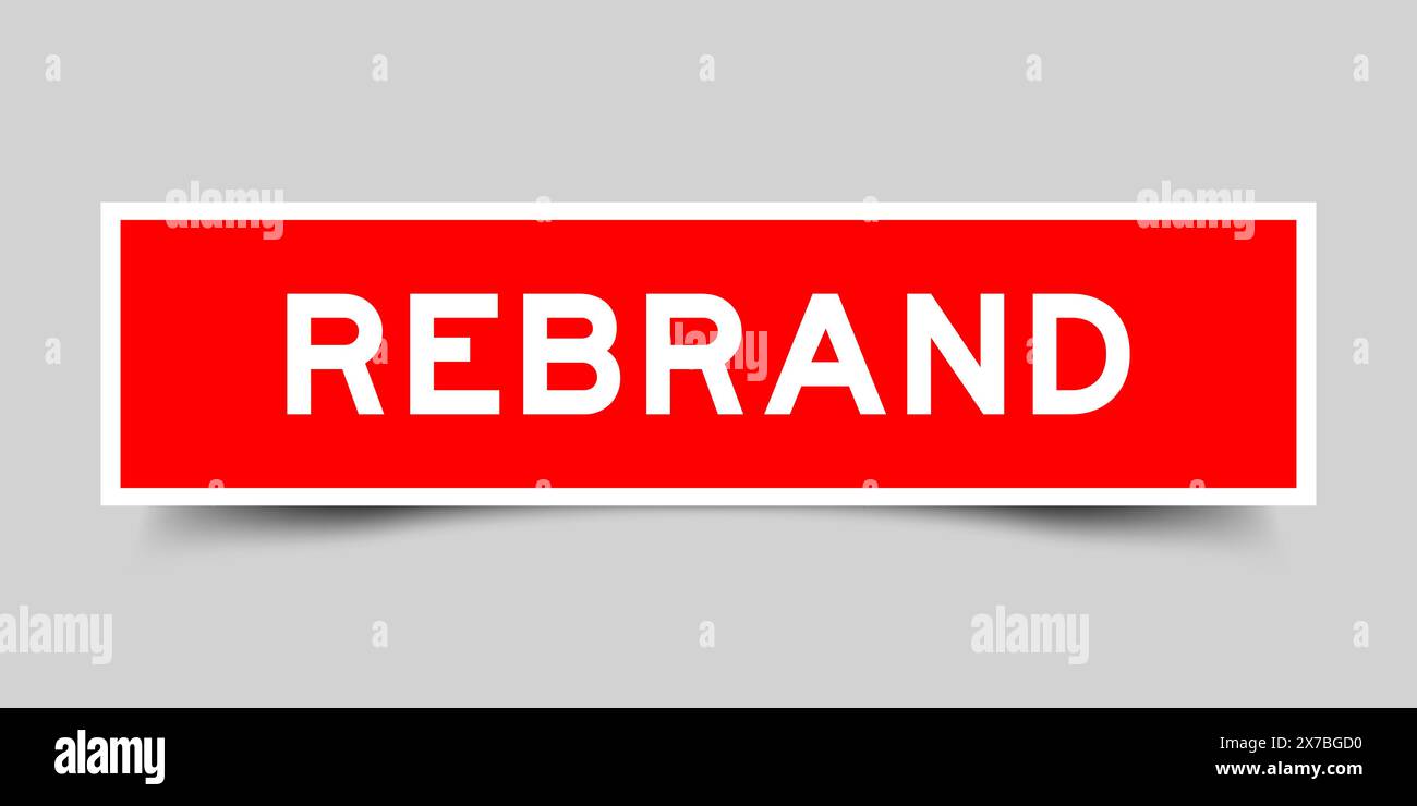 Square sticker label with word rebrand in red color on gray background ...
