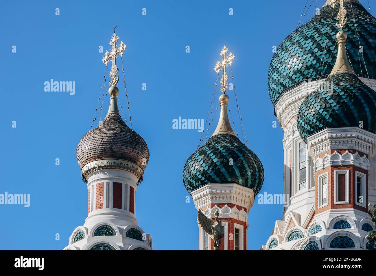 Close-up of the facade and domes of the Russian Orthodox Cathedral in ...