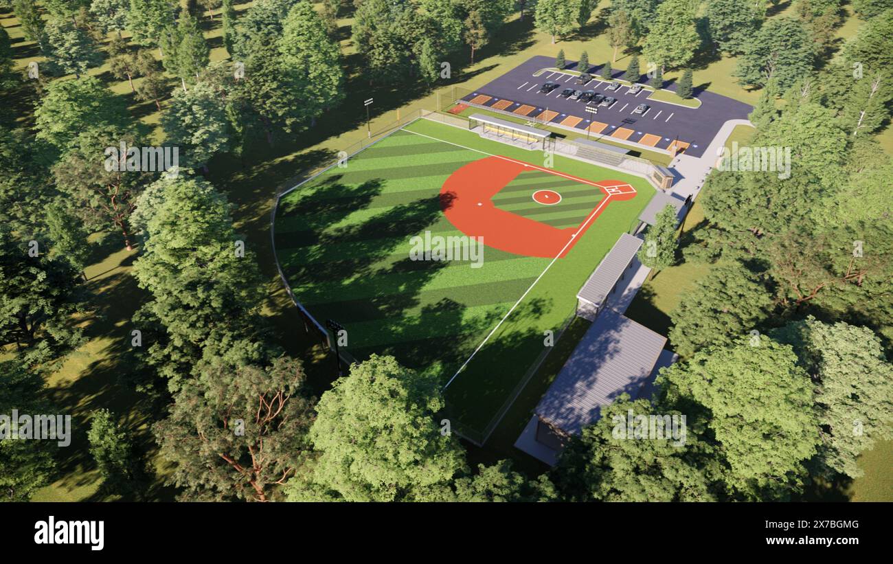 3D rendering of a baseball field in the middle of the forest aerial ...