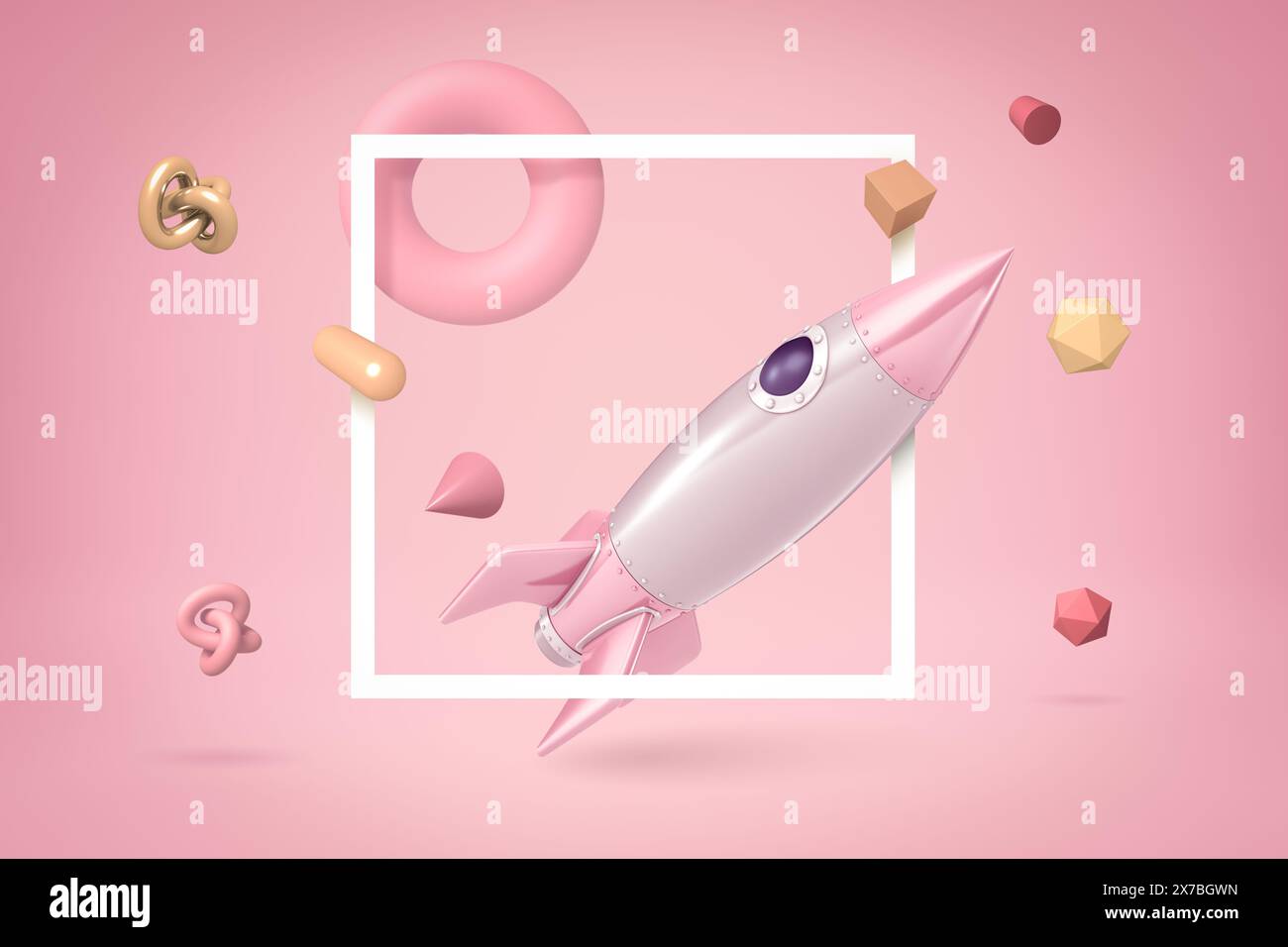 3d rendering of silvery and light pink space rocket floating through ...