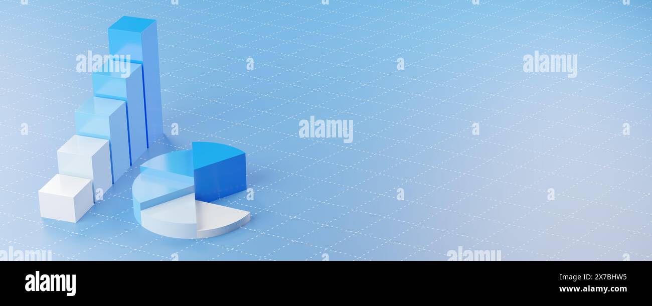 Blue pie chart and bar graph business diagrams on blue grid background ...