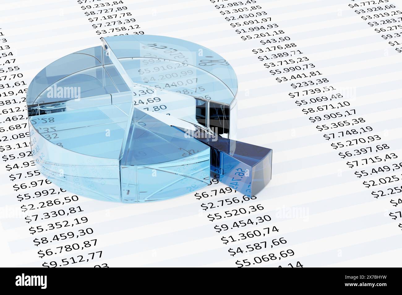 Blue transparent pie chart business diagram over numbers spreadsheet ...