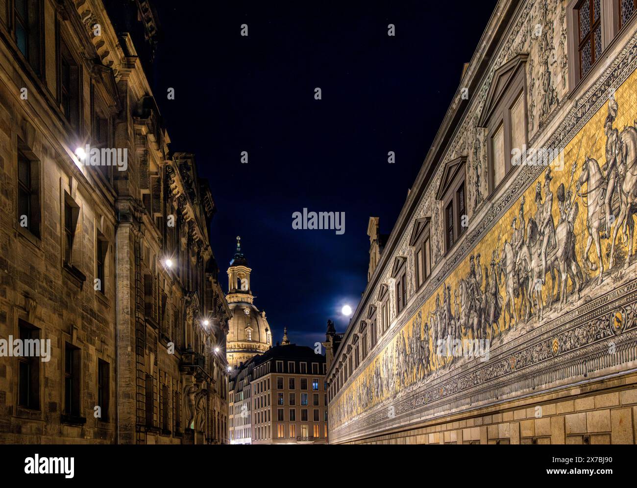 The work of art “Procession of Princes” in Dresden’s old town at night ...