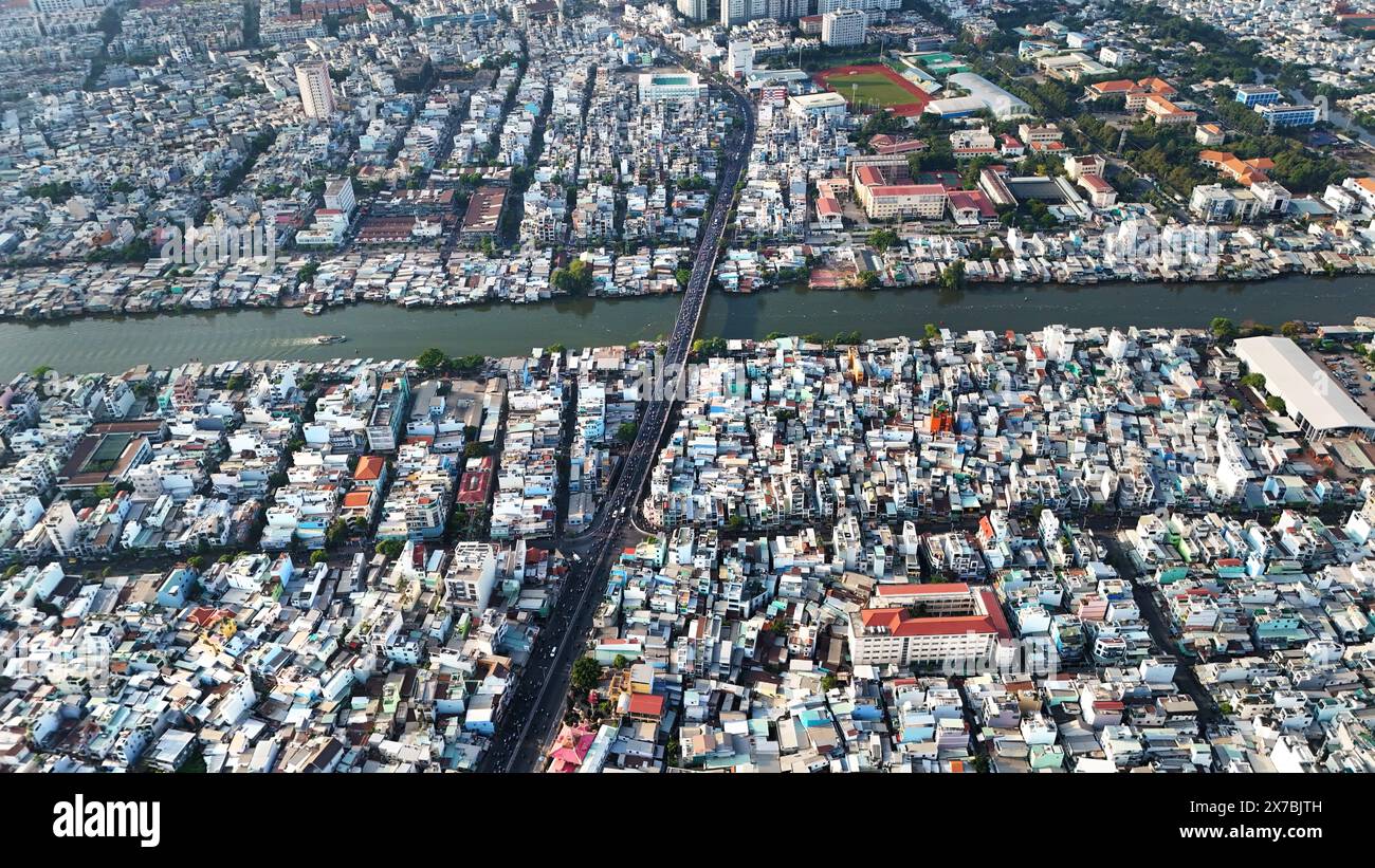 Amazing Aerial view of big Asian city, Ho Chi Minh scene, crowded ...