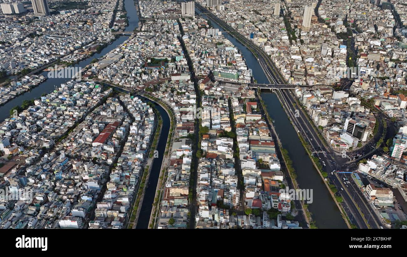 Impression Ho chi Minh cityscape aerial with canal system, overcrowded ...