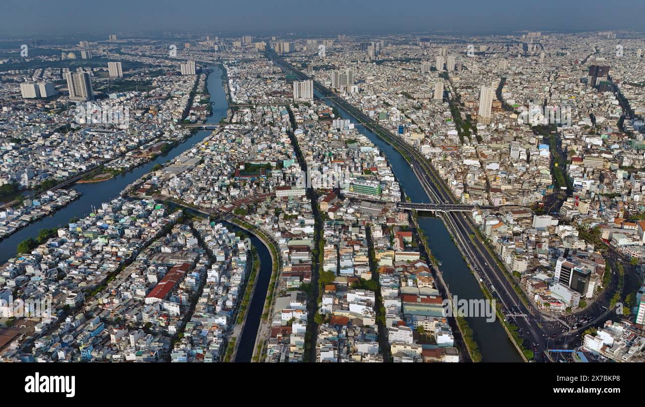 Impression Ho chi Minh cityscape aerial with canal system, overcrowded ...