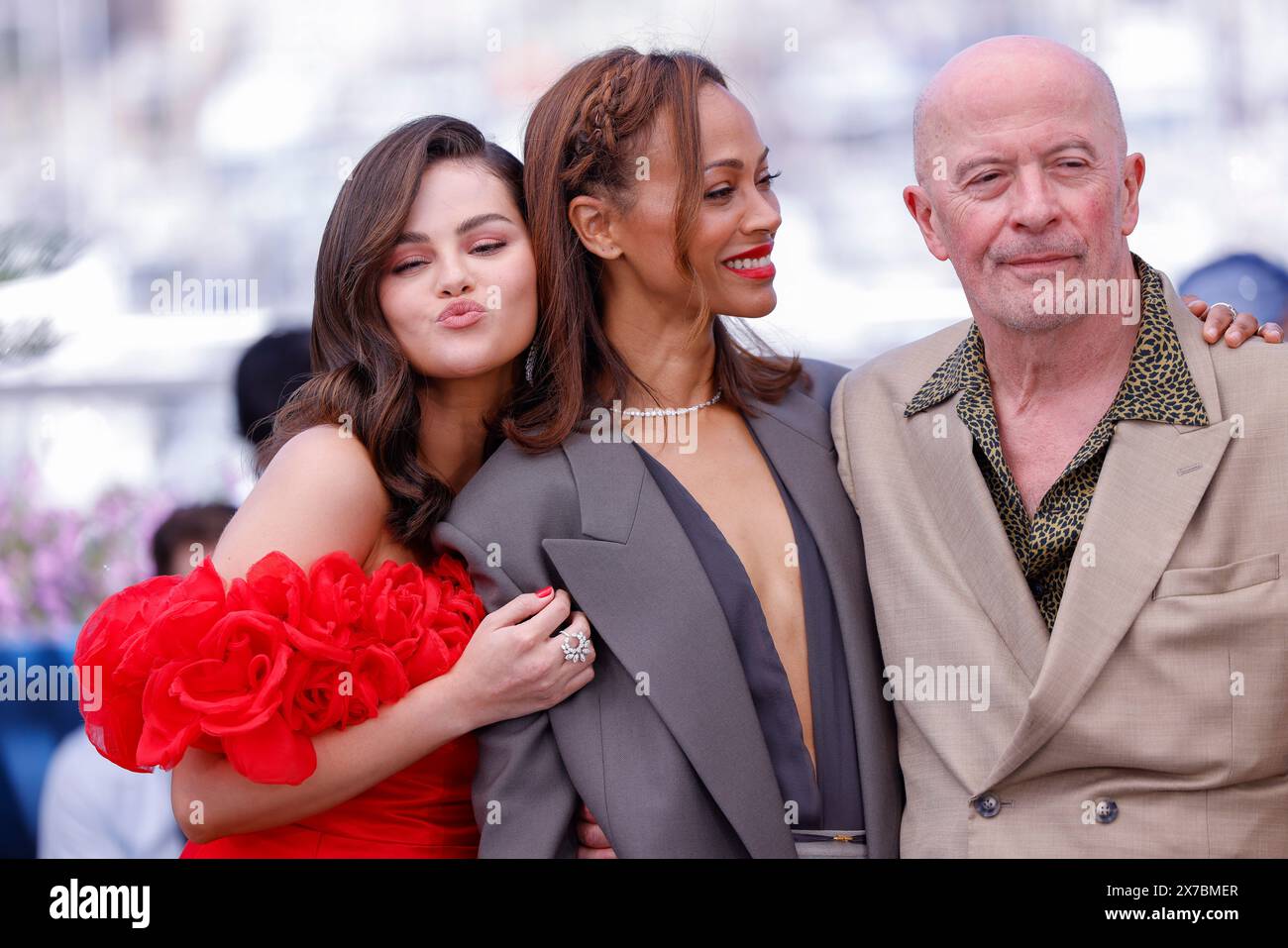 Selena Gomez, from left, Zoe Saldana, director Jacques Audiard and Karla Sofia Gascon pose for ...