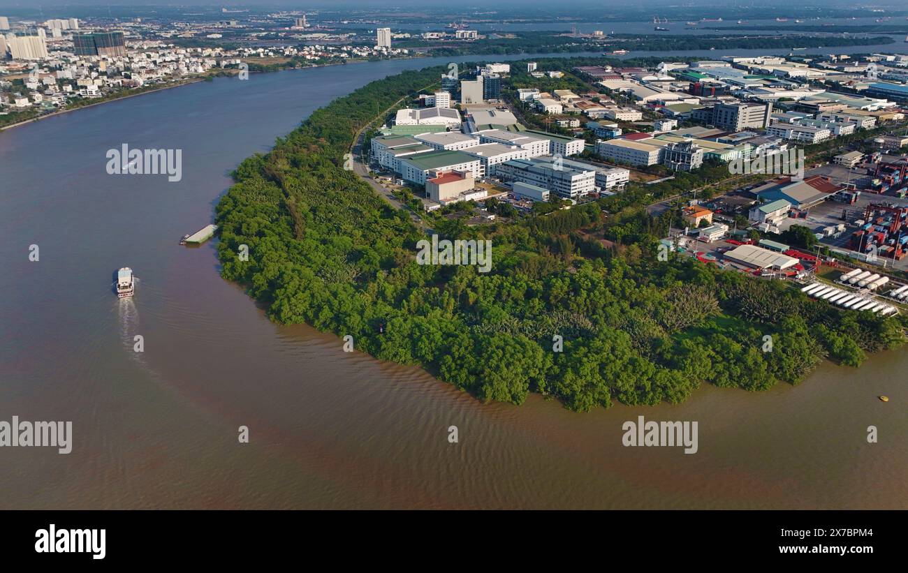 Aerial view from drone of Ho Chi Minh city port, canal system for ...