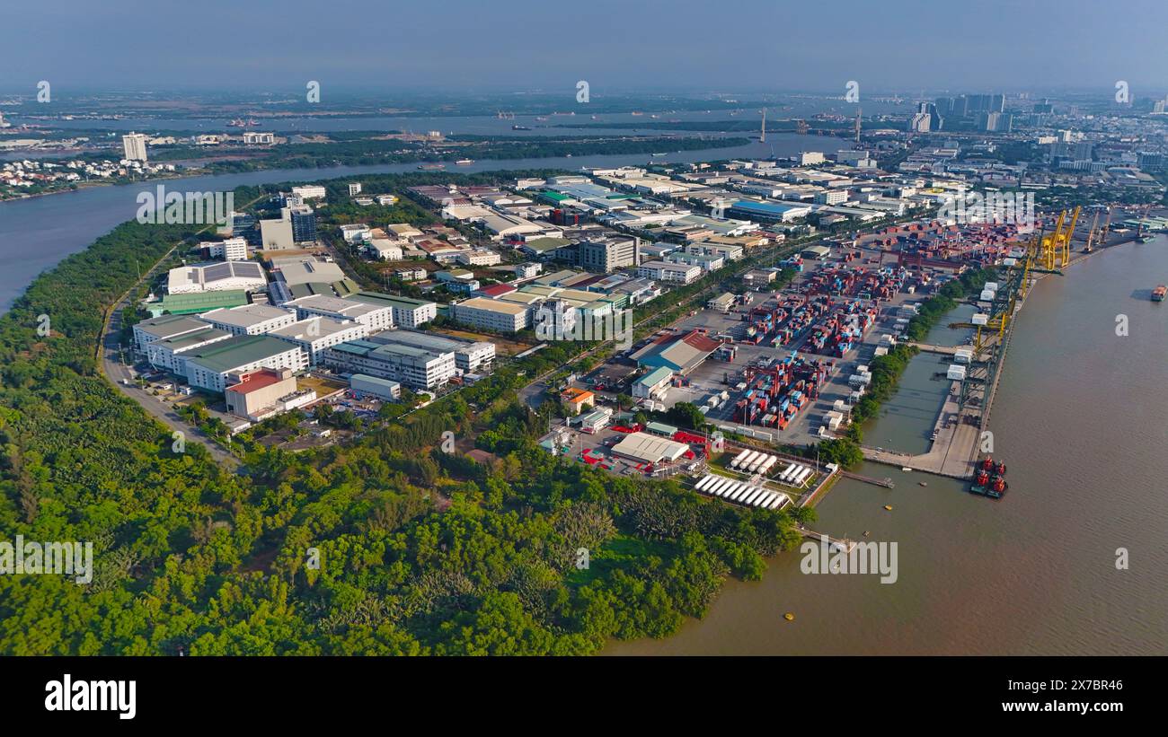 Aerial view from drone of Ho Chi Minh city port, canal system for ...