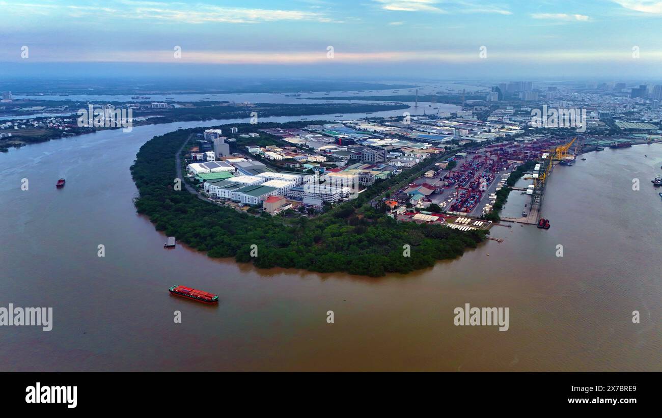 Aerial view from drone of Ho Chi Minh city port, canal system for ...