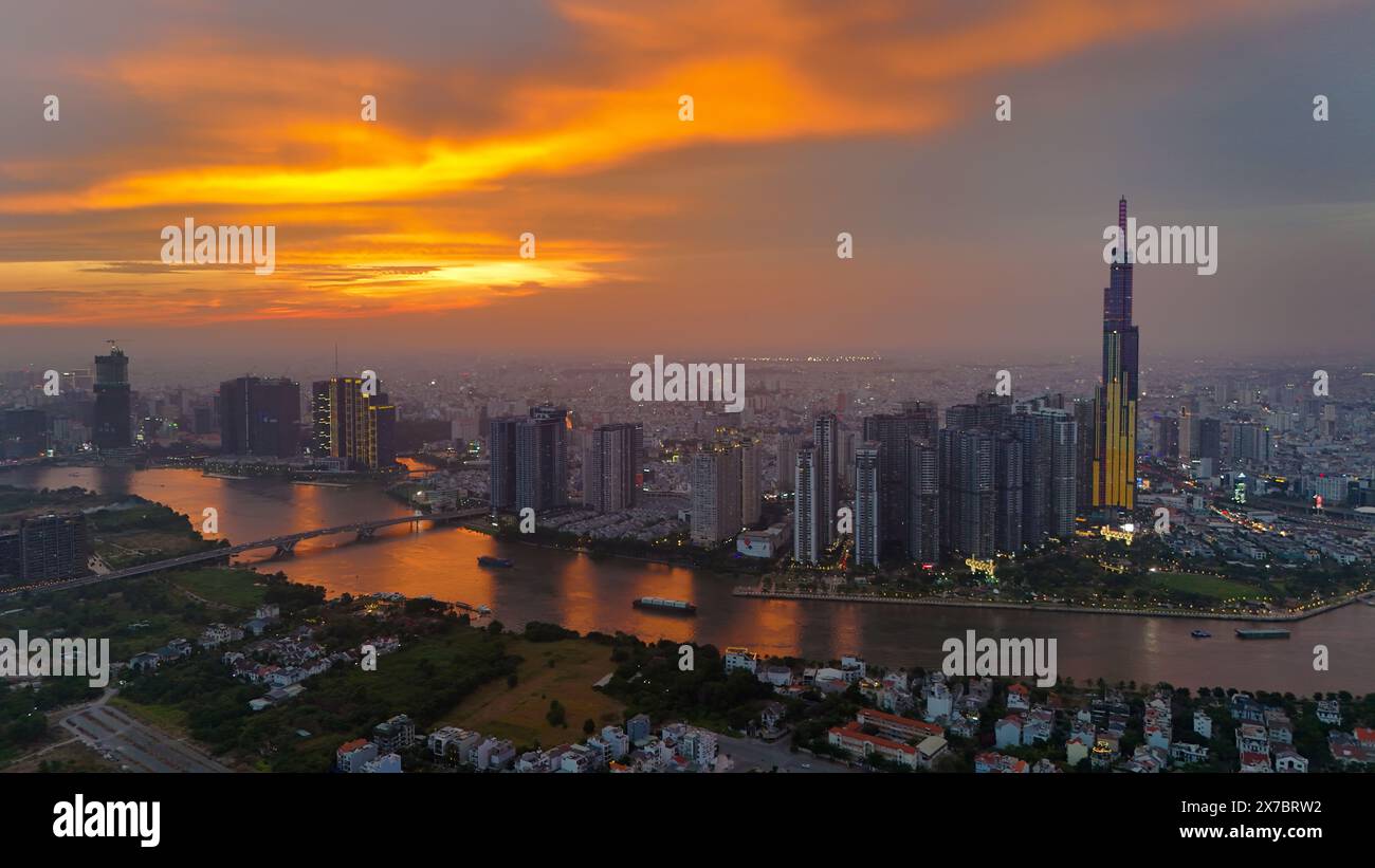 Ho Chi Minh city, Viet Nam, Aerial view of Asia city at sunset by drone ...