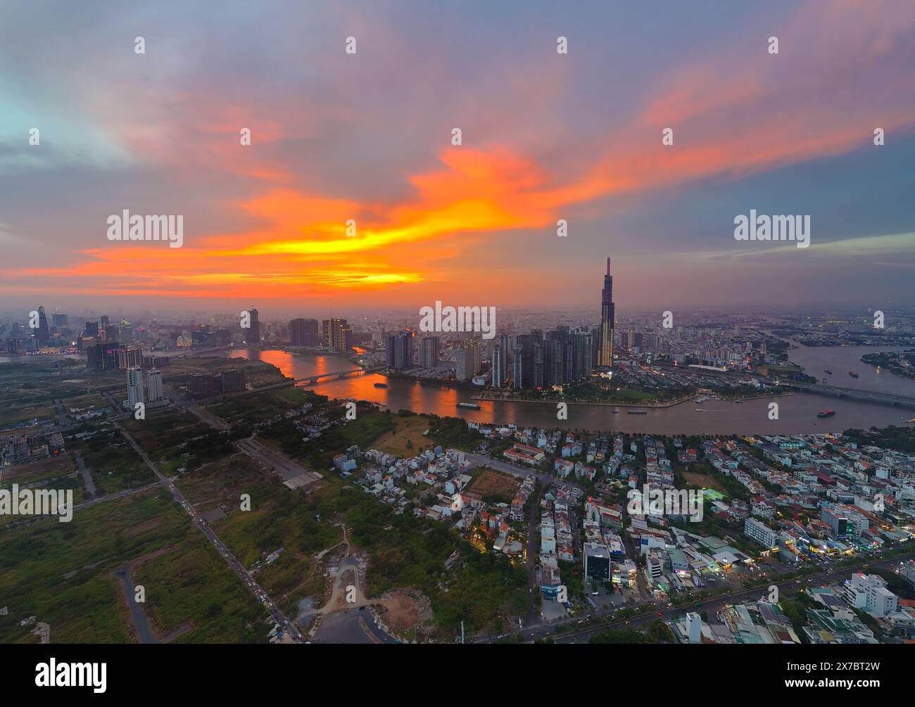Ho Chi Minh city, Viet Nam, Aerial view of Asia city at sunset by drone ...