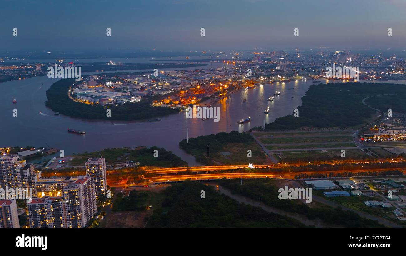 Aerial view from drone of Ho Chi Minh city port, canal system for ...