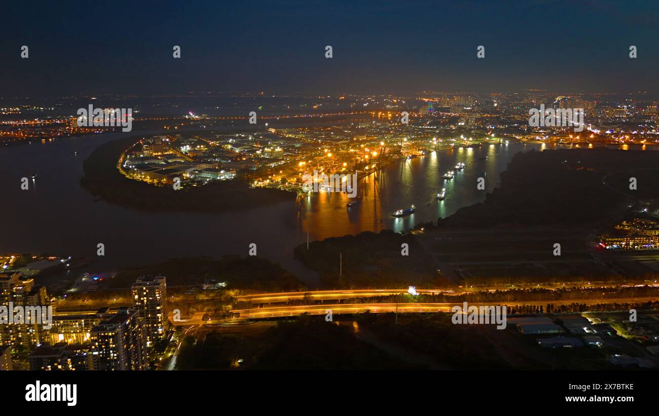 Aerial view from drone of Ho Chi Minh city port, canal system for ...