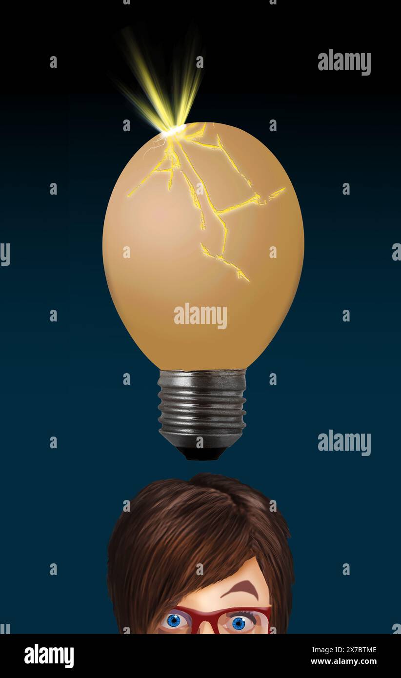 Hatching a new idea is a young nerd woman. An idea light bulb that is ...