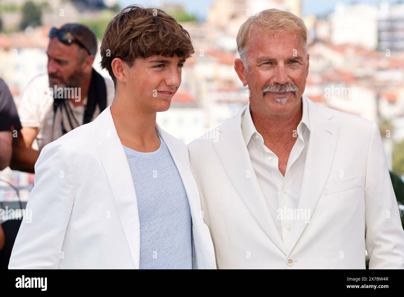 Hayes Costner and Kevin Costner pose at the photo call of 'Horizon: An ...