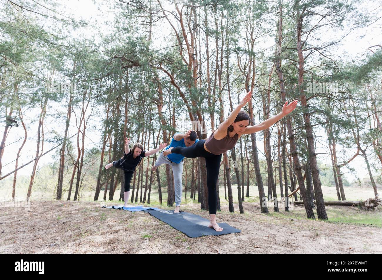 A group of three people doing yoga in the forest. A man and two women ...