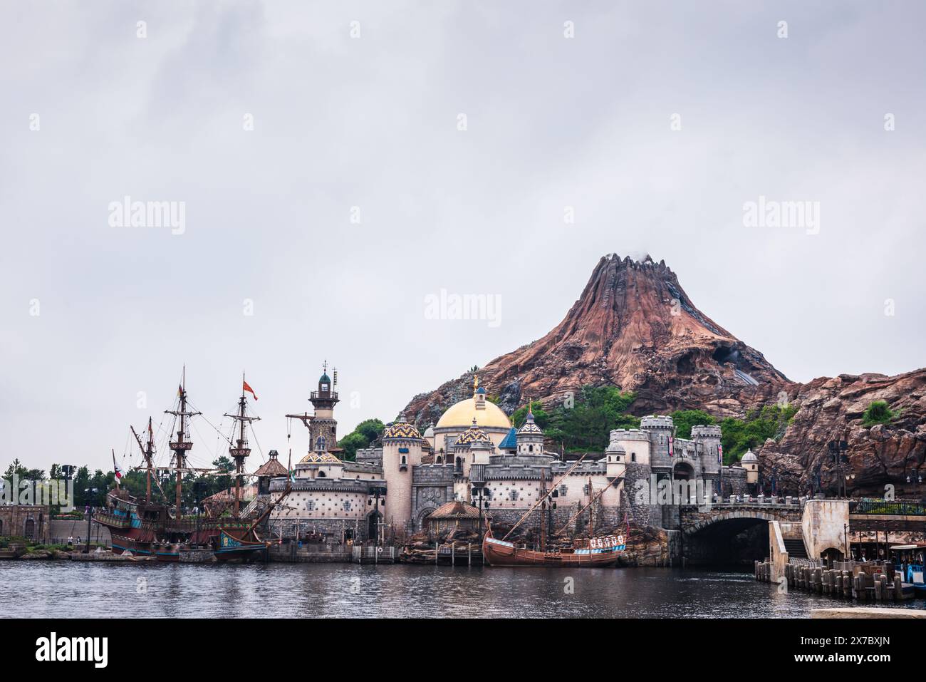 Mediterranean landscape at DisneySea with town and volcano Stock Photo ...