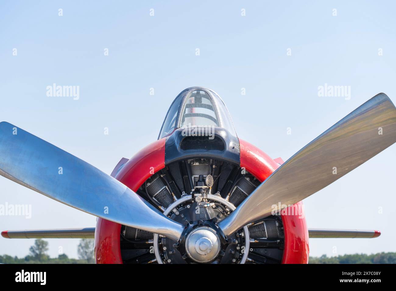 Engine and propeller of an old military training plane, front view ...