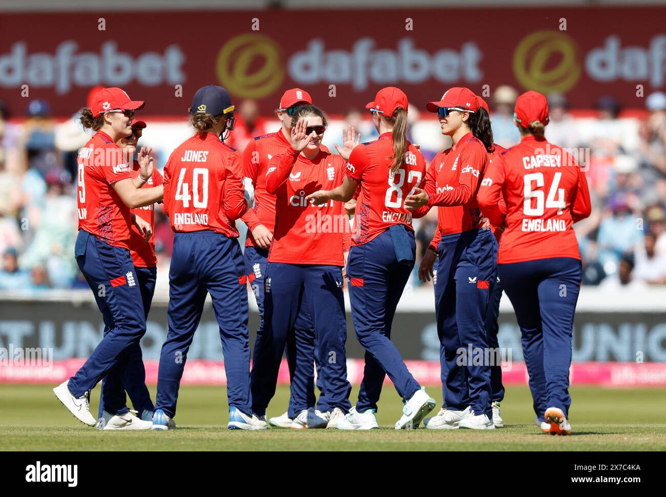 England’s Charlie Dean (centre) celebrates their second wicket after ...