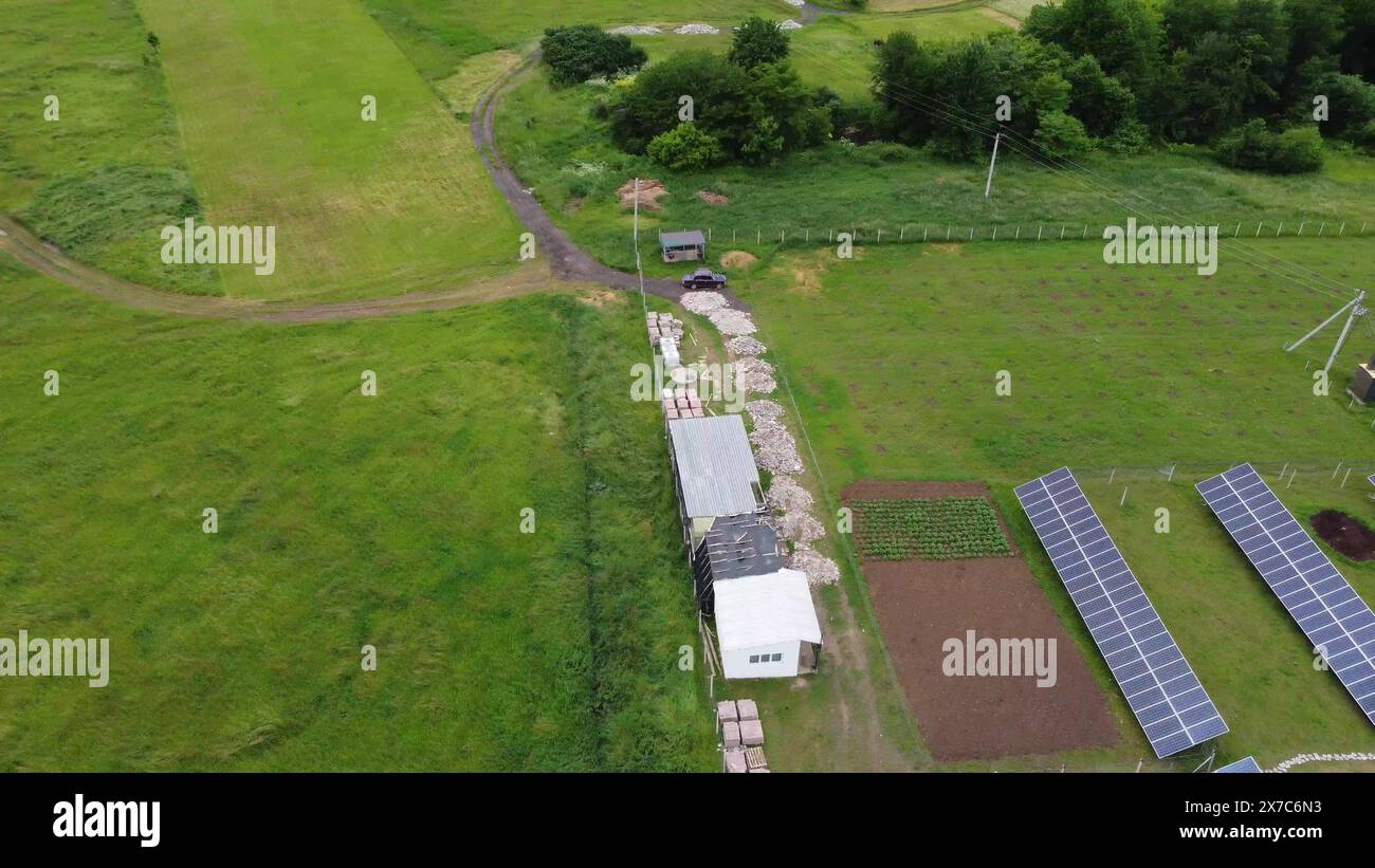 Aerial view of Solar Panels Farm solar cell with sunlight. Drone flight ...