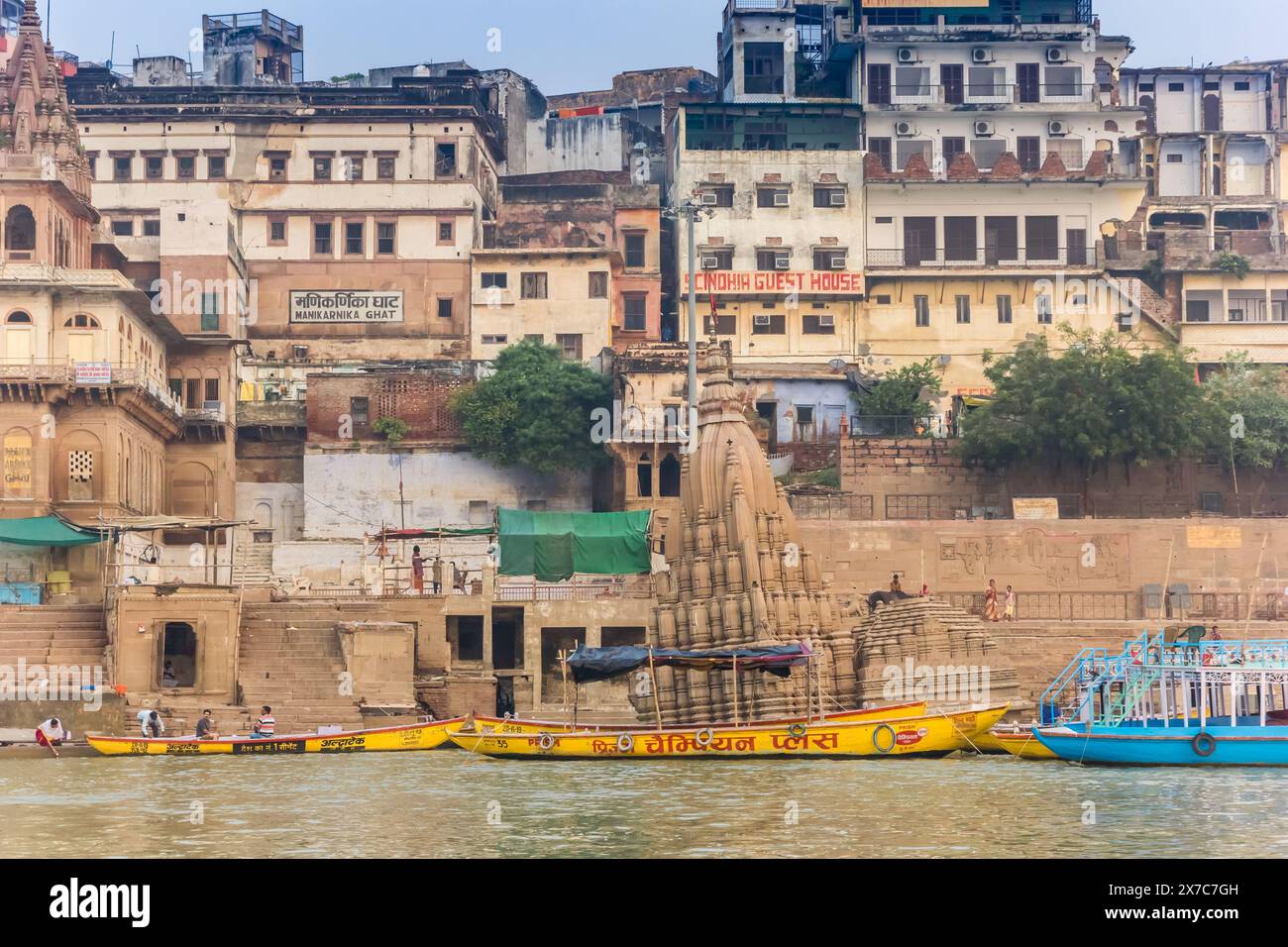 Old buildings at the Manikarnika Ghat in Varanasi, India Stock Photo ...