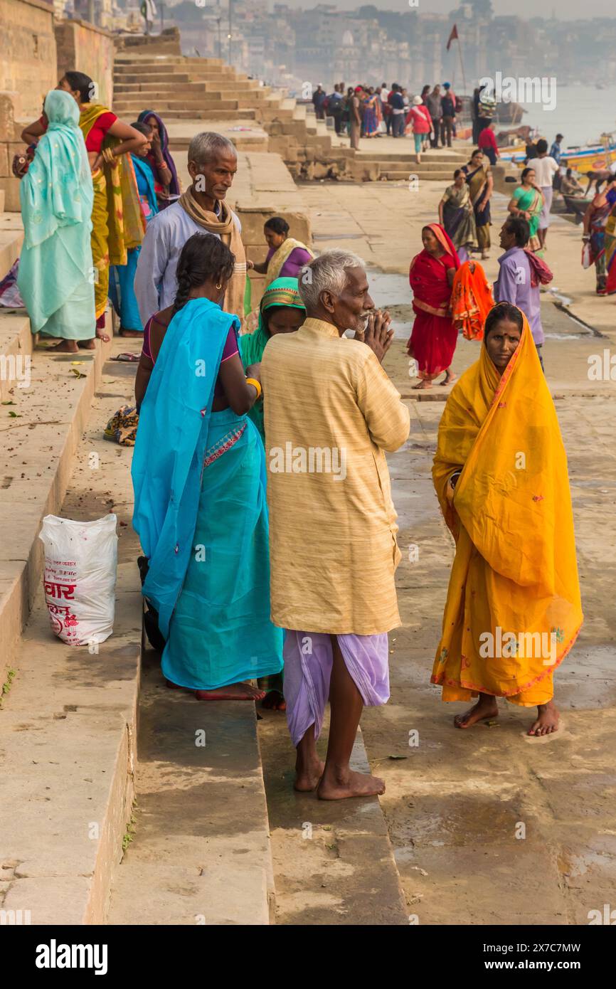 People at the stairs leading to the Ganges river in Varanasi, India ...