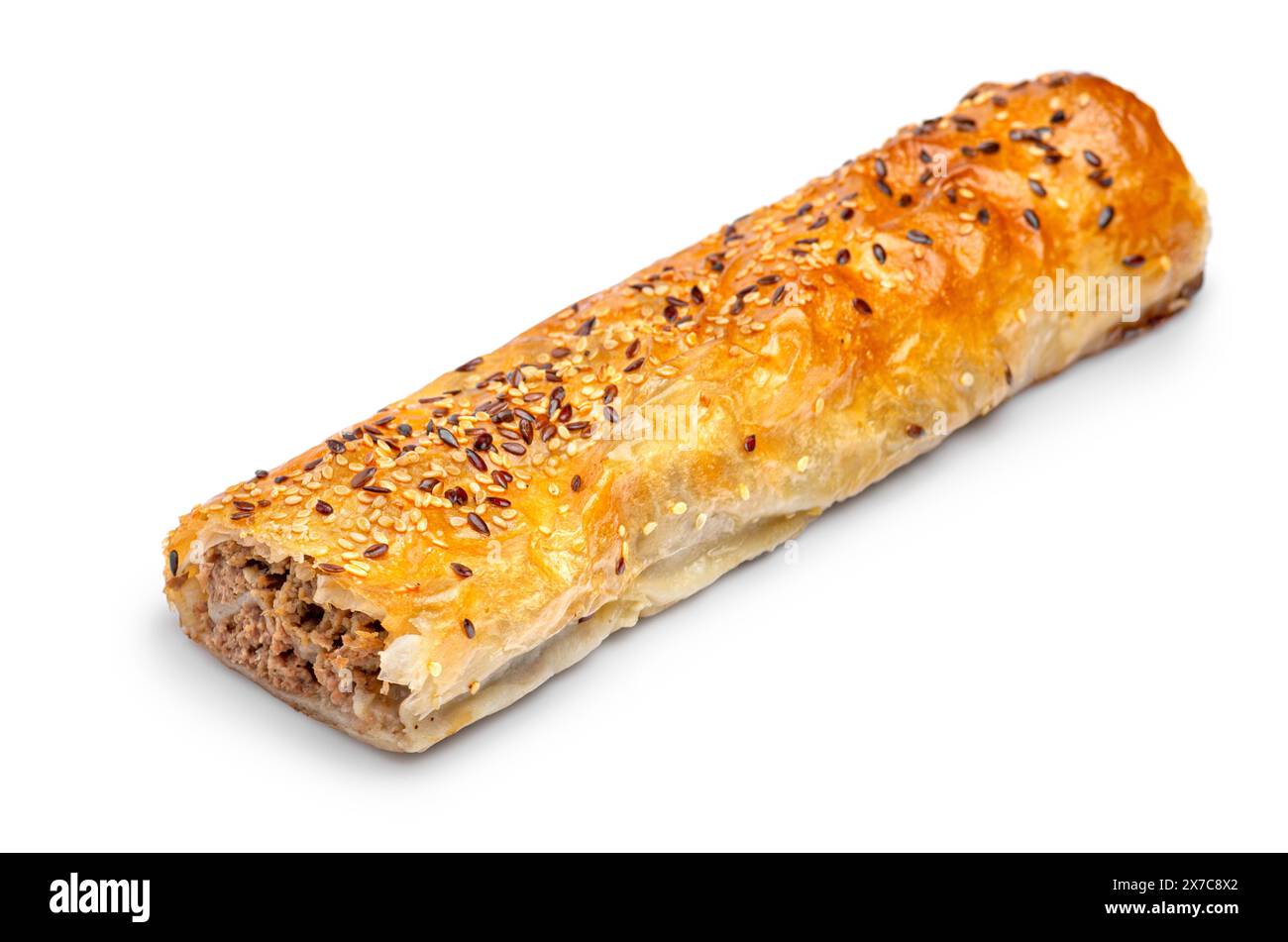 Freshly baked pair of meat rolls a white background a traditional ...