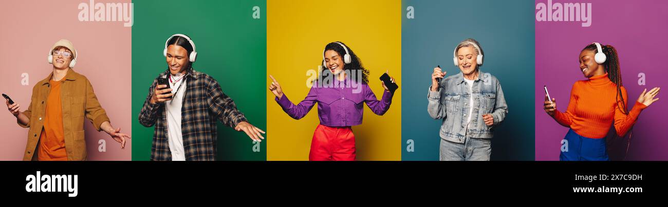 A vibrant display of joy as a diverse group of men and women dance and ...