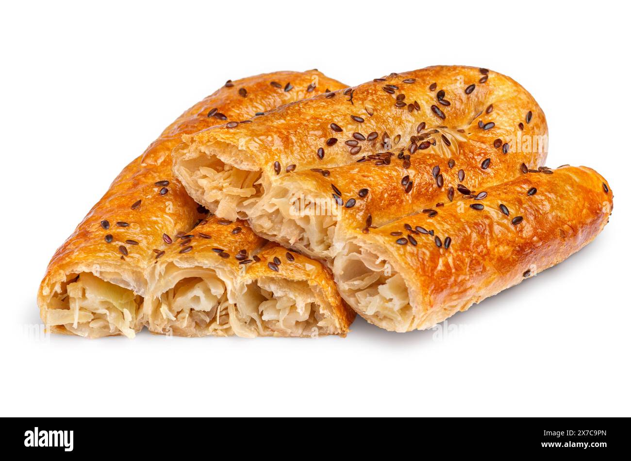 fresh puff pastry with cabbage and serving piece, isolated on white ...