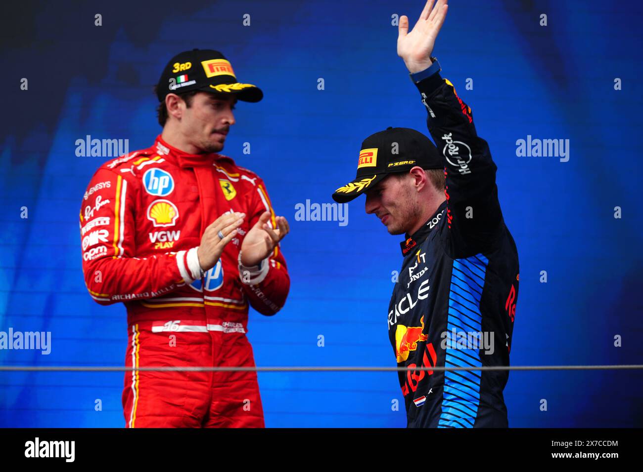Red Bull Racing's Max Verstappen after winning the Emilia Romagna Grand Prix, as Ferrari's ...