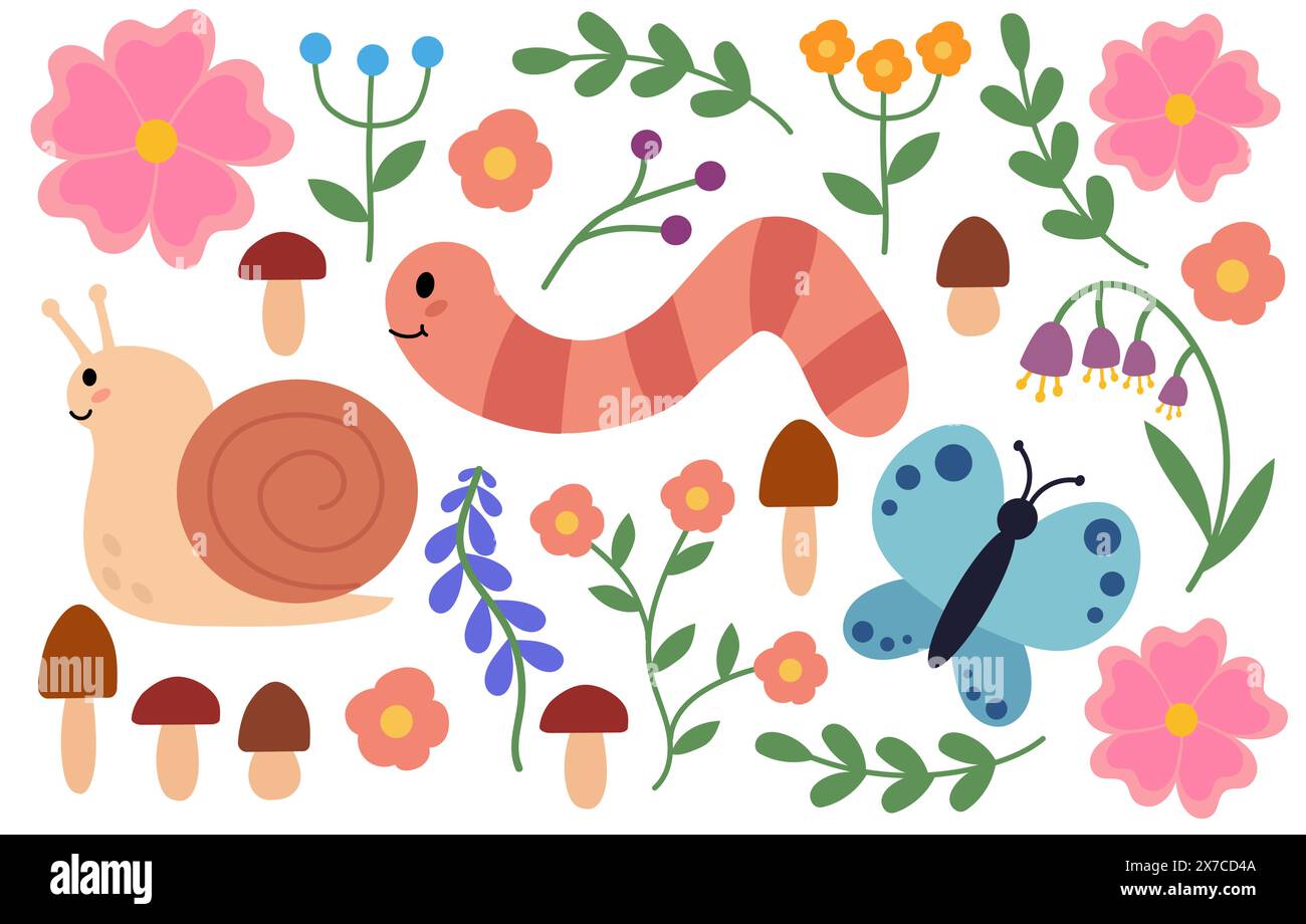 Cute and cozy set of snail, worm, butterfly, mushrooms and flowers ...