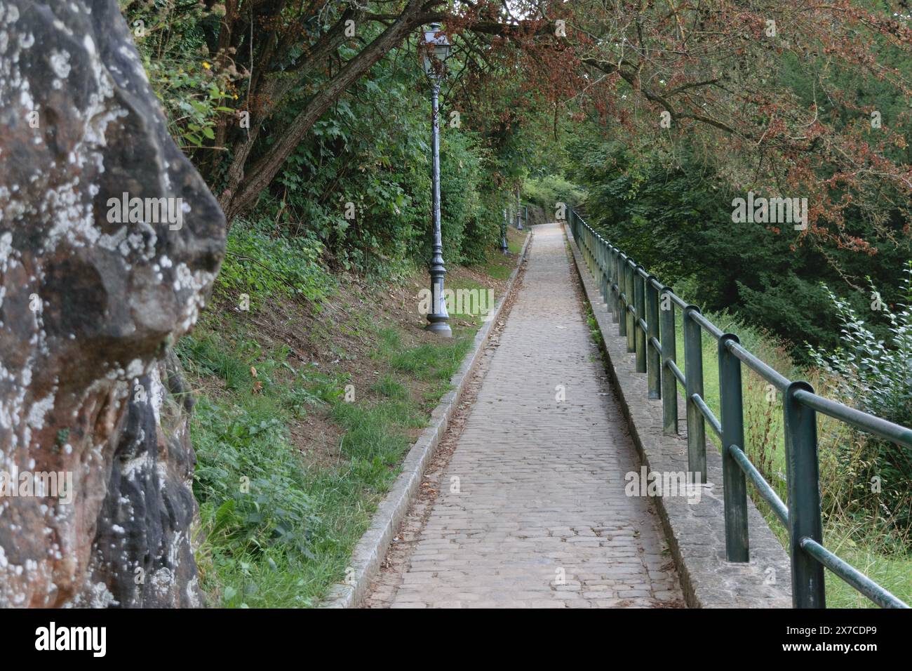 A narrow, cobblestone pathway lined with a metal railing and surrounded ...