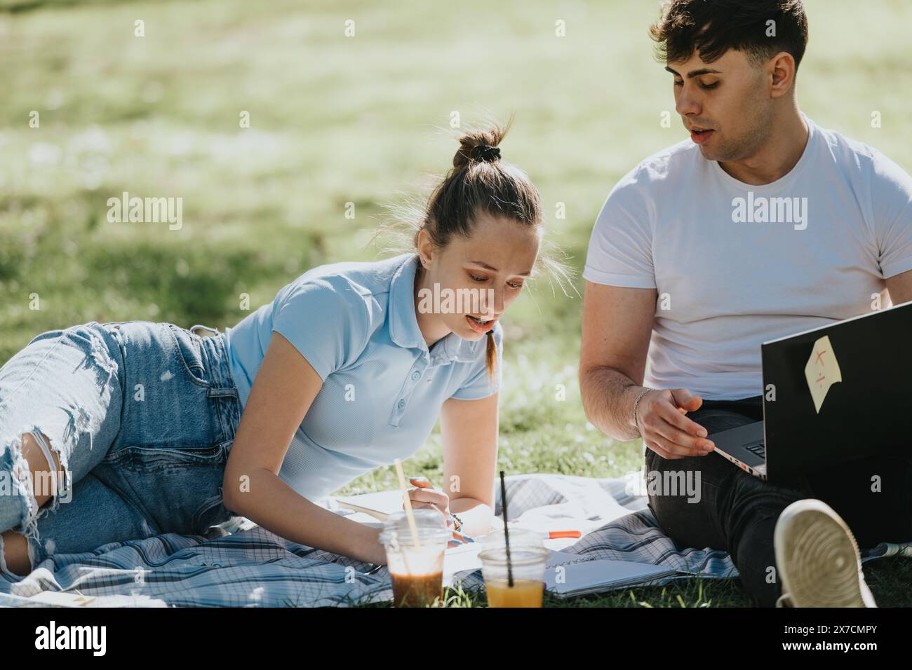 High school friends studying together in an urban park setting ...