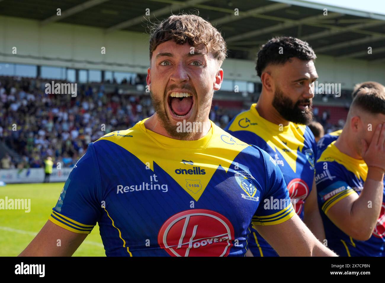 Matty Ashton of Warrington Wolves celebrates after the Betfred ...