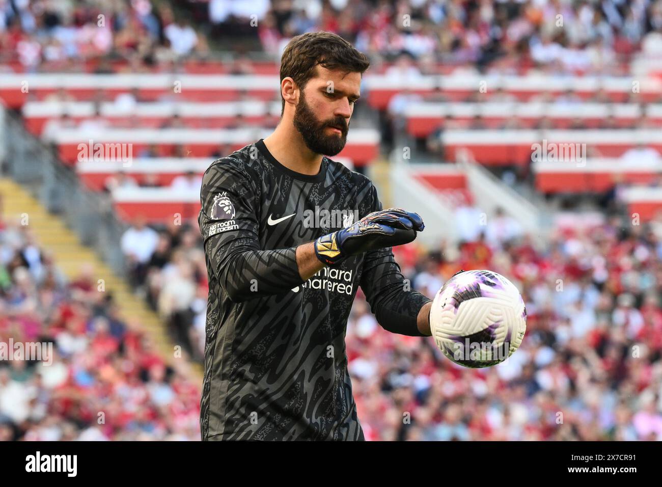 Alisson Becker of Liverpool in action during the Premier League match ...